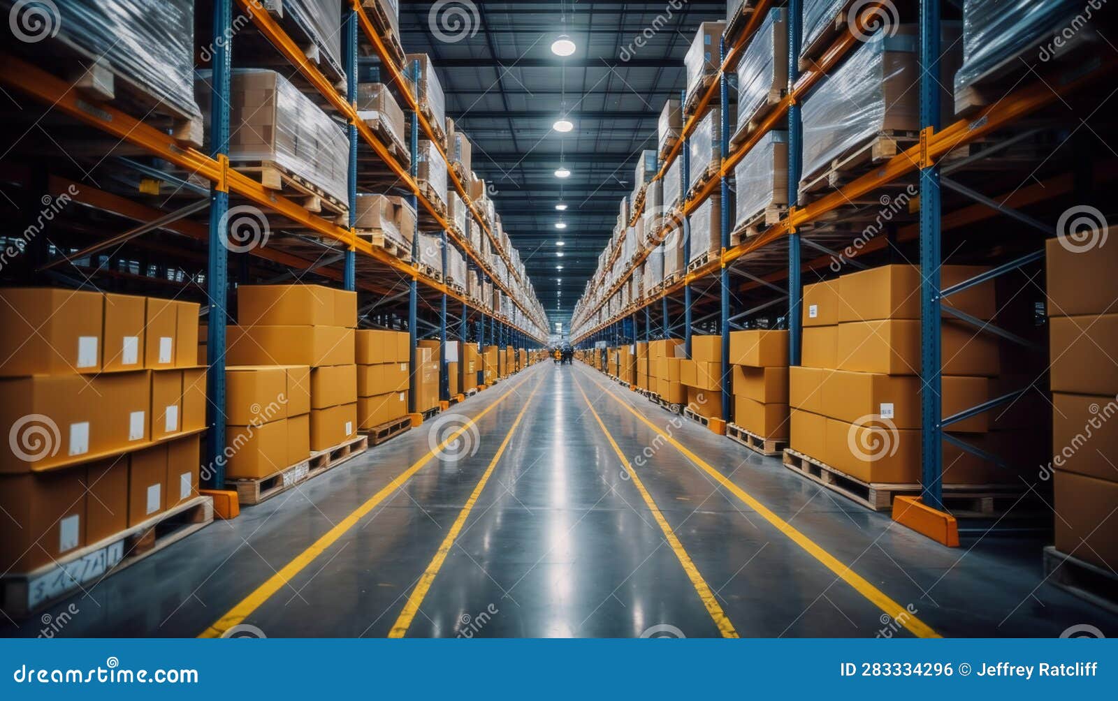 Warehouse Aisle Filled with Stacked Racks and Palletized Boxes Stock ...