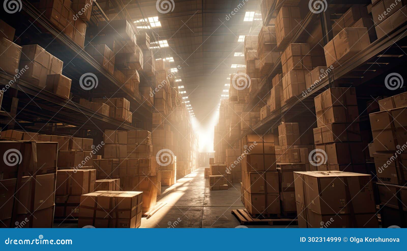 Warehouse Aisle Lined with Stacked Cardboard Boxes. Stock Image - Image ...