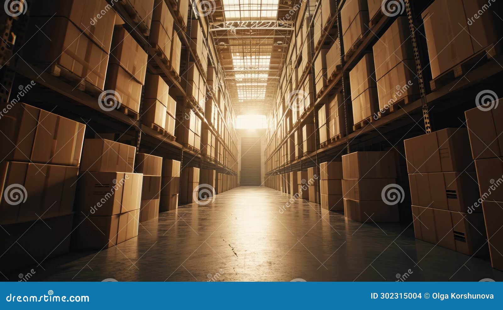 Warehouse Aisle Lined with Stacked Cardboard Boxes. Stock Photo - Image ...