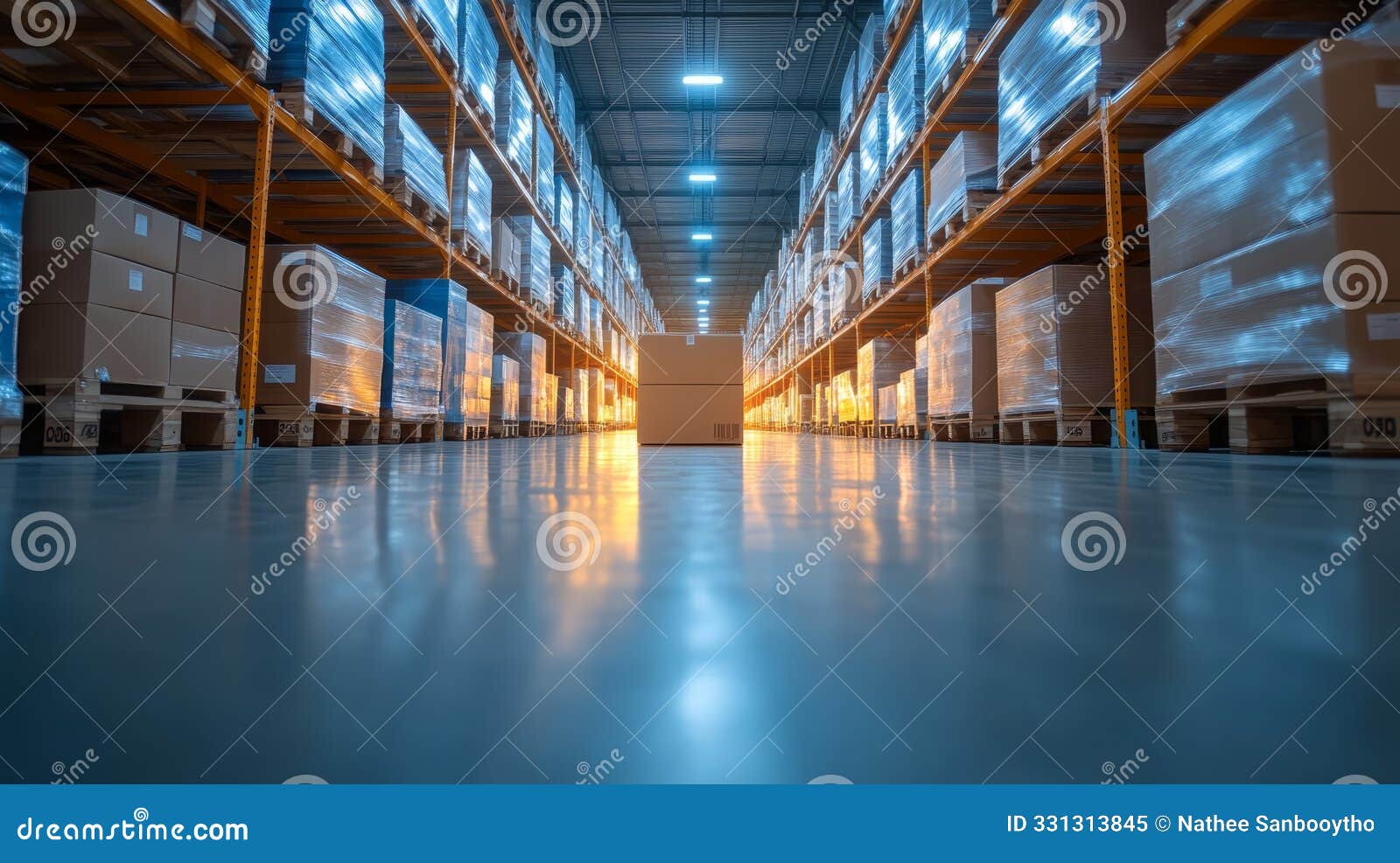 Warehouse Aisle Lined With Stacked Cardboard Boxes. Royalty-Free Stock ...