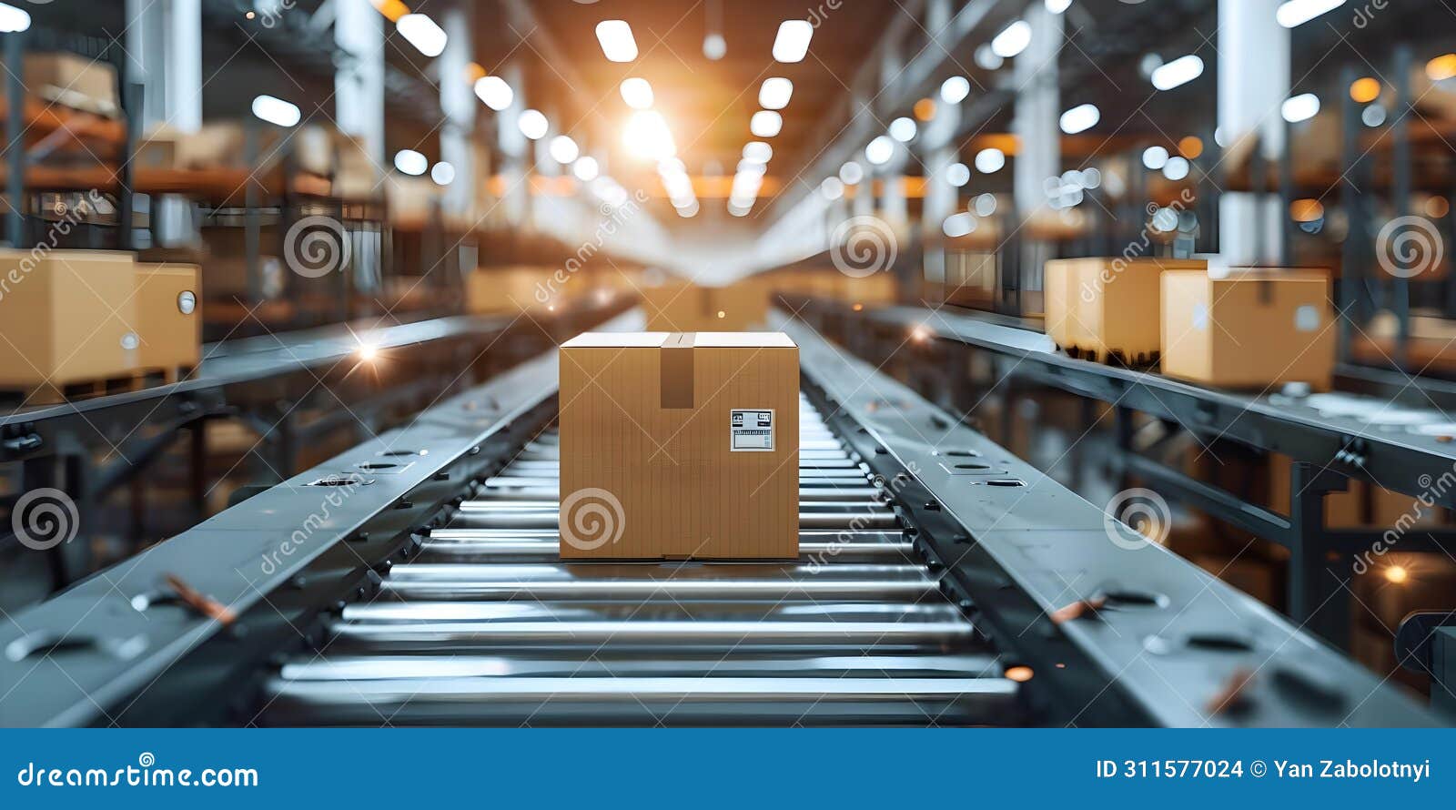 Warehouse Automation Conveyor Belt Moves Boxes in Distribution Facility Logistics Tech. Concept ...