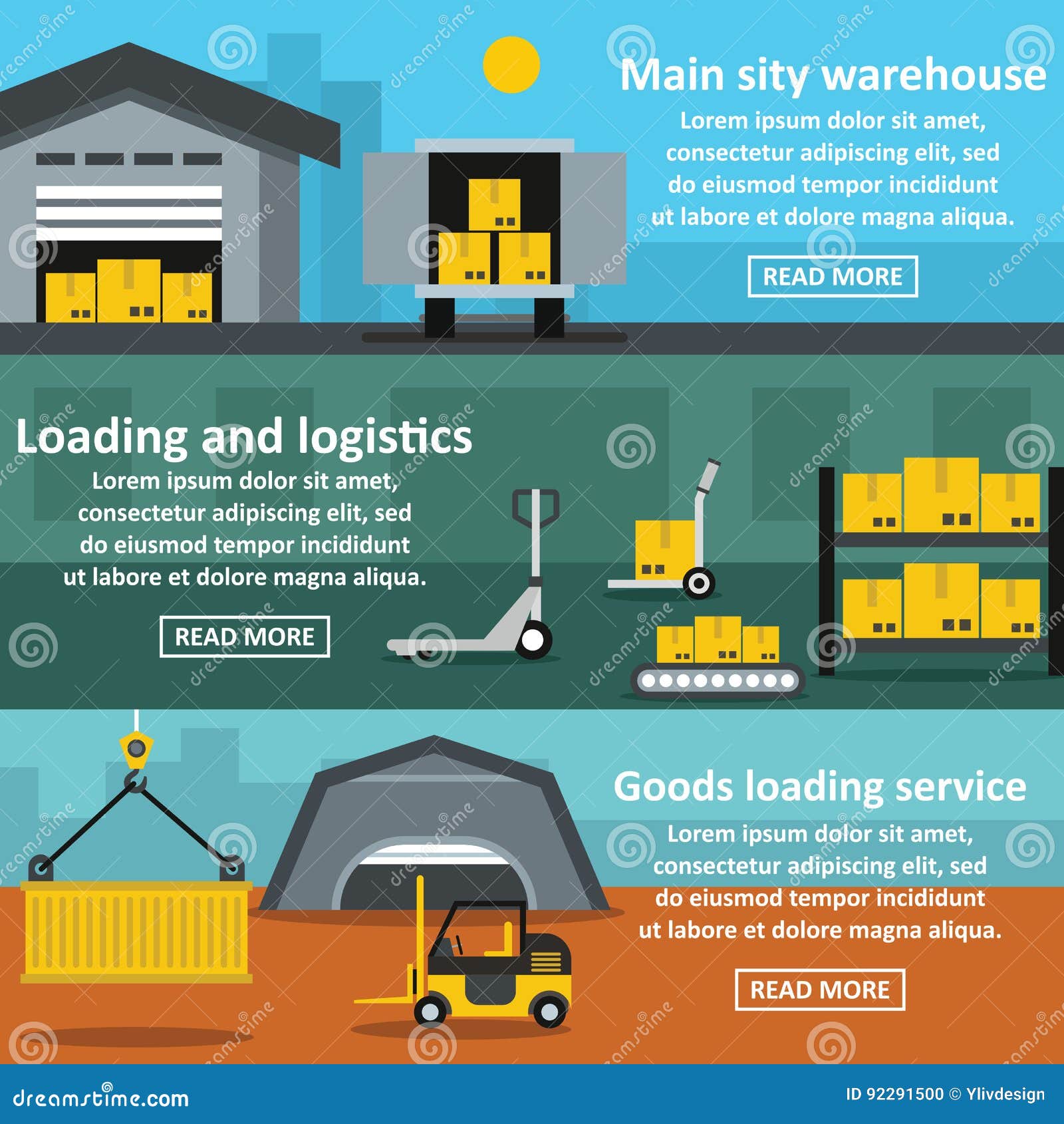 Warehouse Banner Horizontal Set, Flat Style Stock Vector - Illustration ...