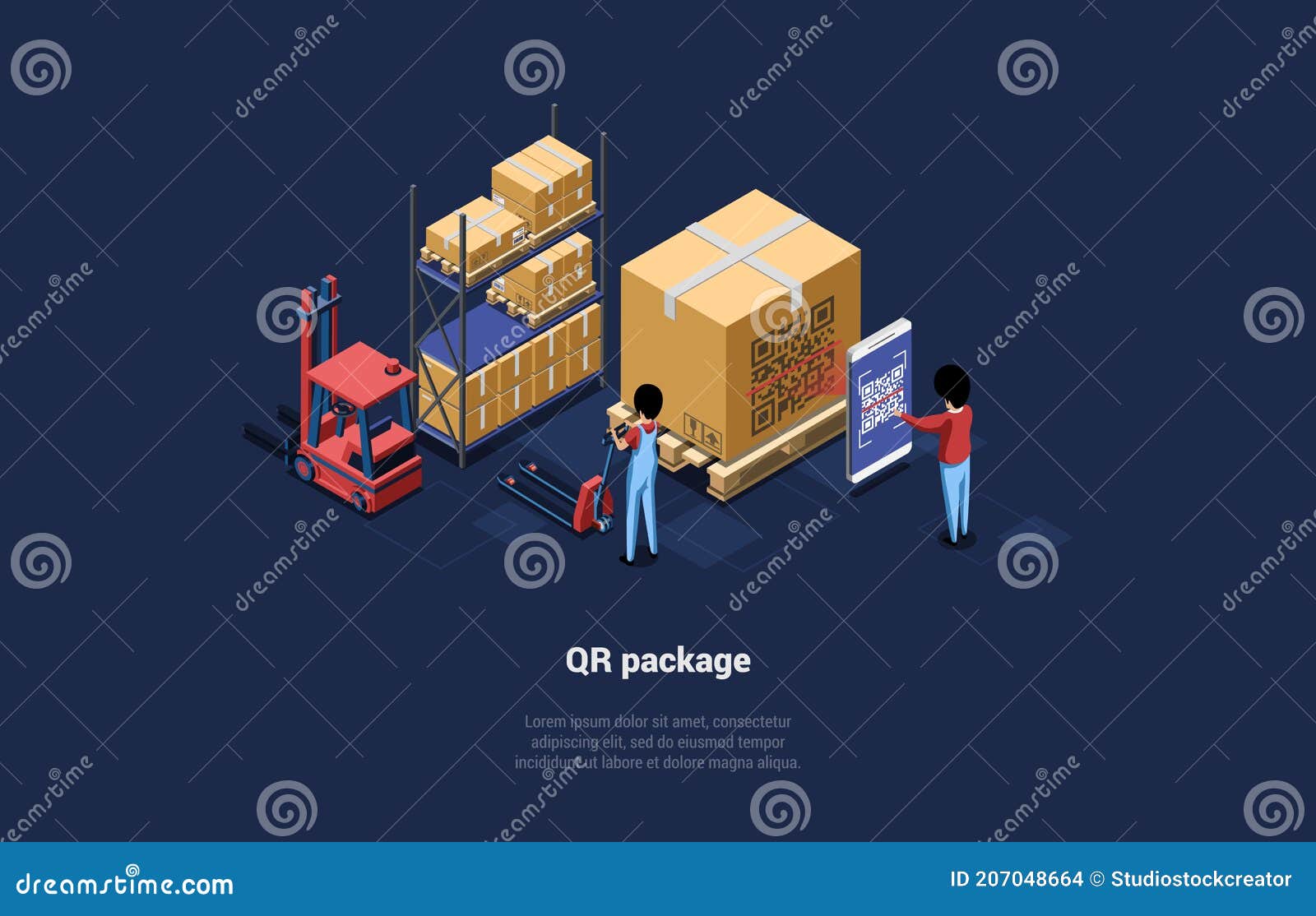 Warehouse with Big Boxes, QR Code Package. Dark Background with Writing ...