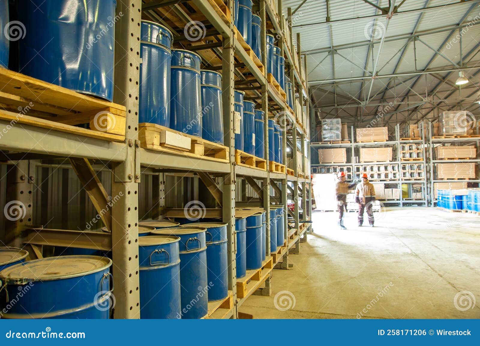 Warehouse with Blue Industrial Metal Barrels Stock Photo - Image of ...