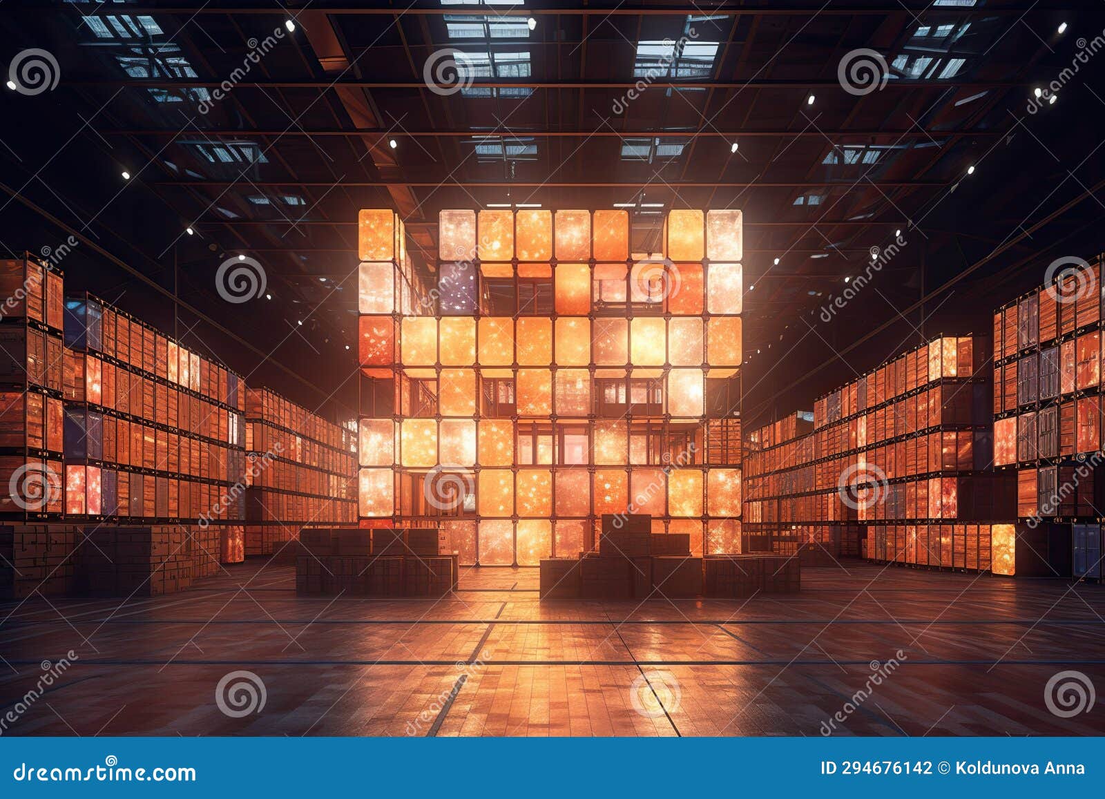 A Warehouse with Boxes and a Glowing Lights Stock Illustration ...