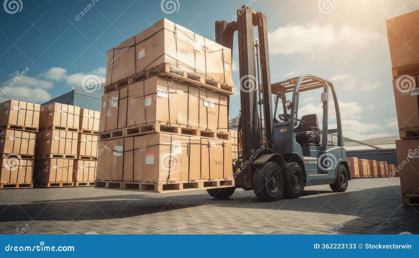 Warehouse With Boxes, Forklift, And Organized Storage Layout Royalty ...