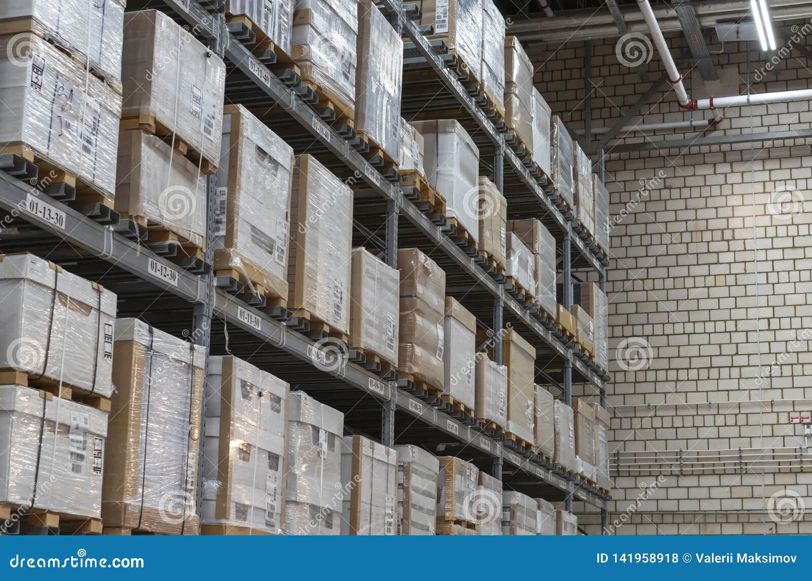 Warehouse with Boxes on Shelves and Racks Stock Photo - Image of racks ...