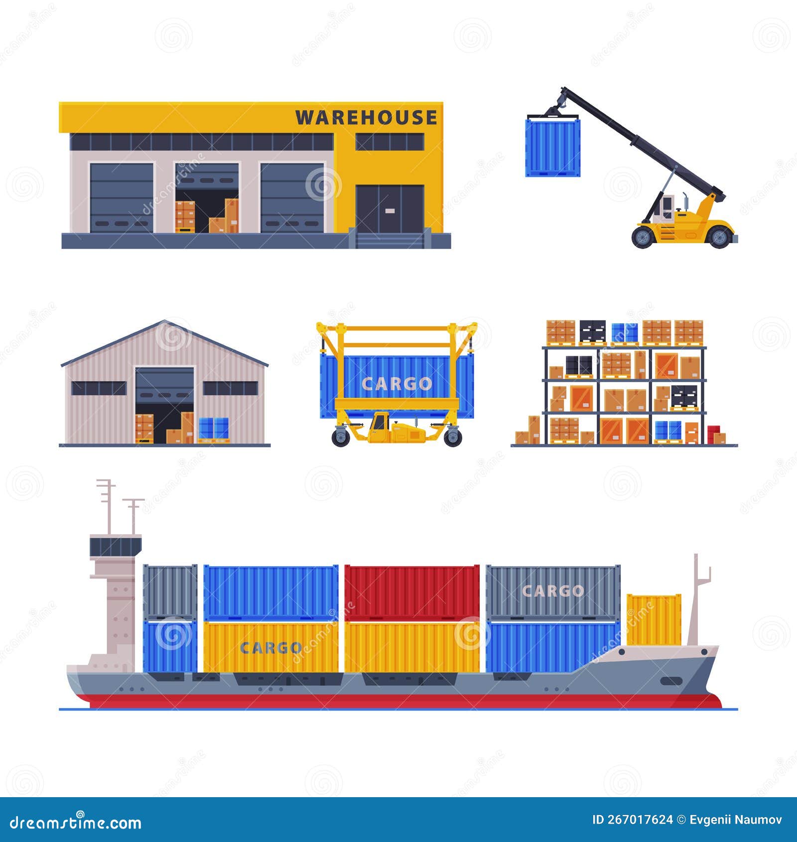 Warehouse with Building, Cargo Container and Ship Vector Set Stock ...