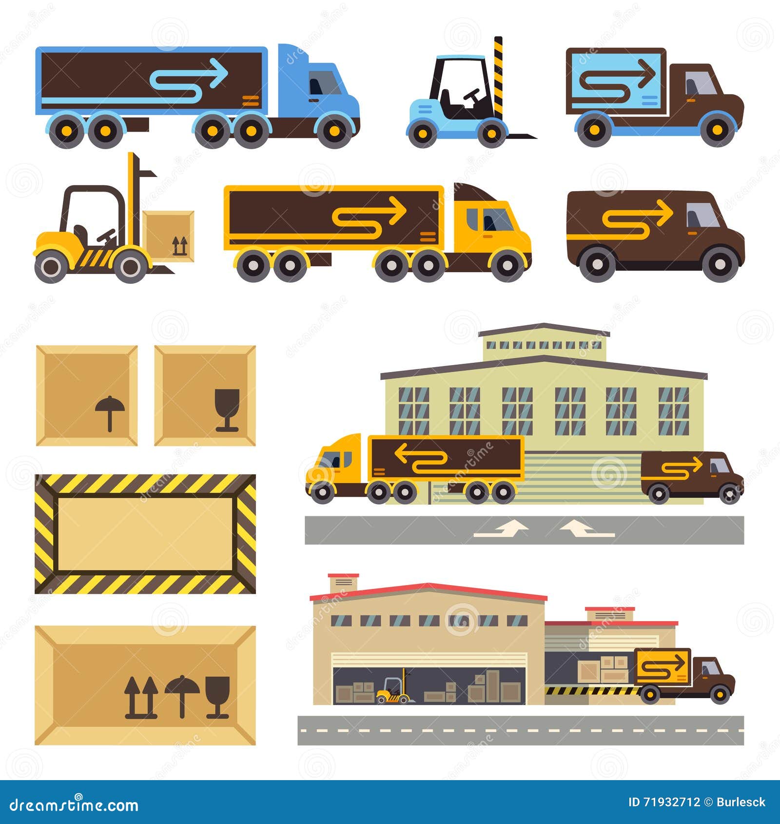 Warehouse Building and Transportation Vehicles Flat Vector Icons Set ...