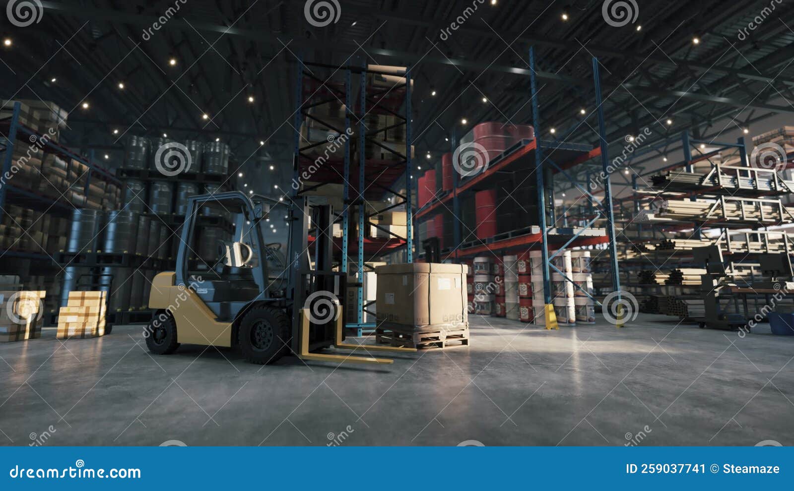 Huge Distribution Warehouse with High Shelves and Loader. Products at ...
