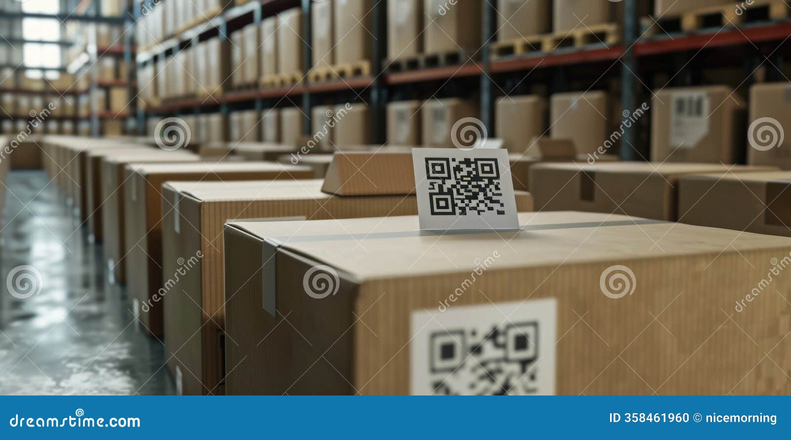 Warehouse with Cardboard Boxes and QR Code Label. Created by Generative ...