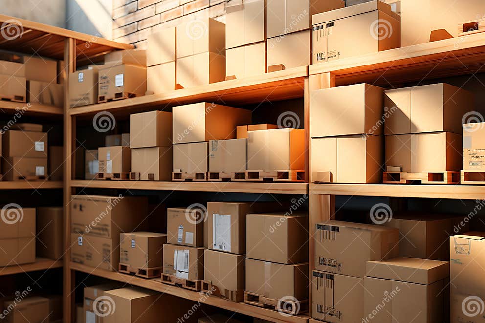 Warehouse with Cardboard Boxes in Warehouse Storage Room for Background ...