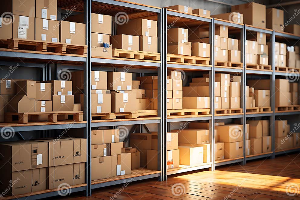Warehouse with Cardboard Boxes in Warehouse Storage Room for Background ...