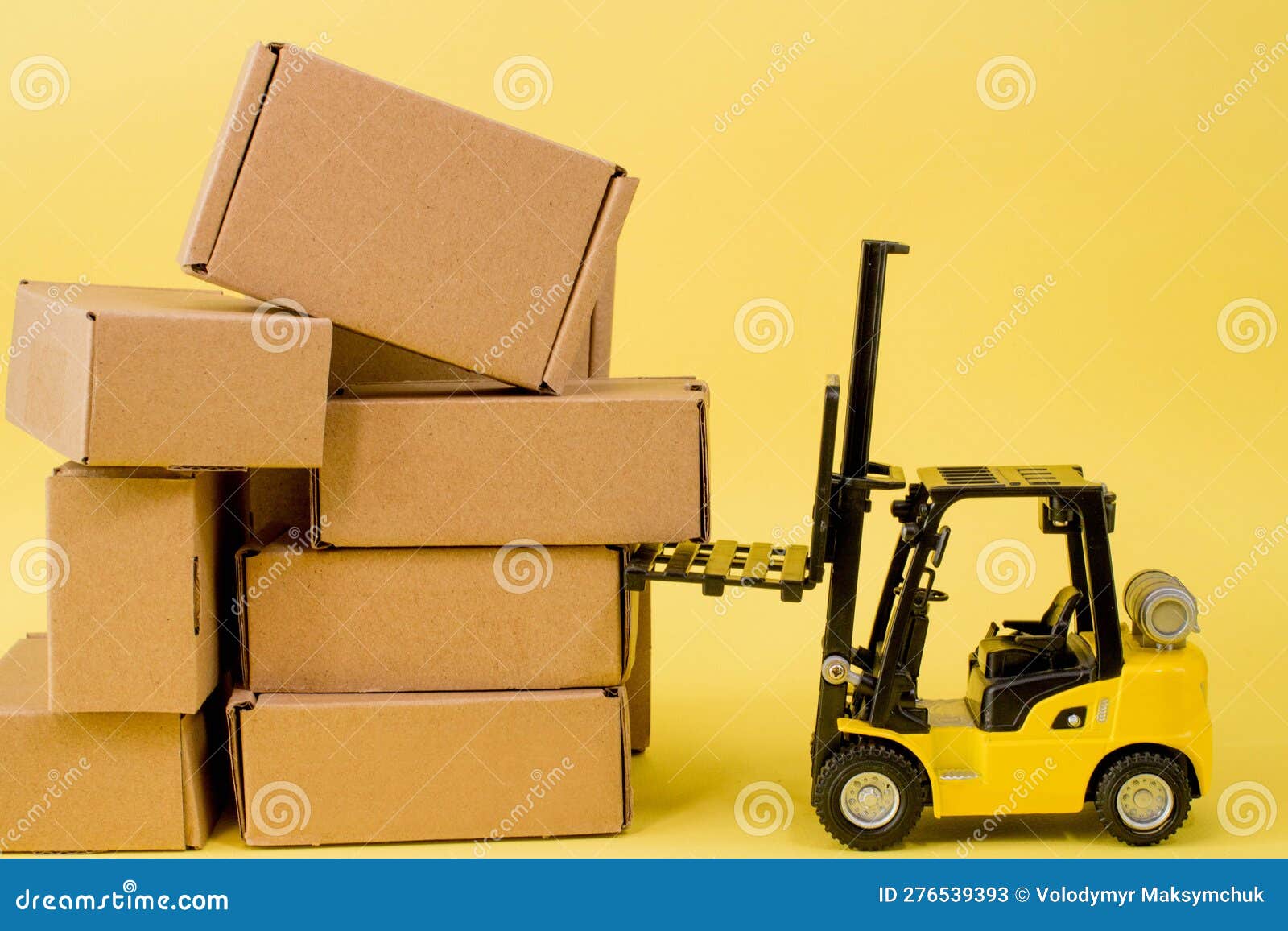Warehouse with Cardboard Kraft Boxes and a Forklift Truck. Cargo ...