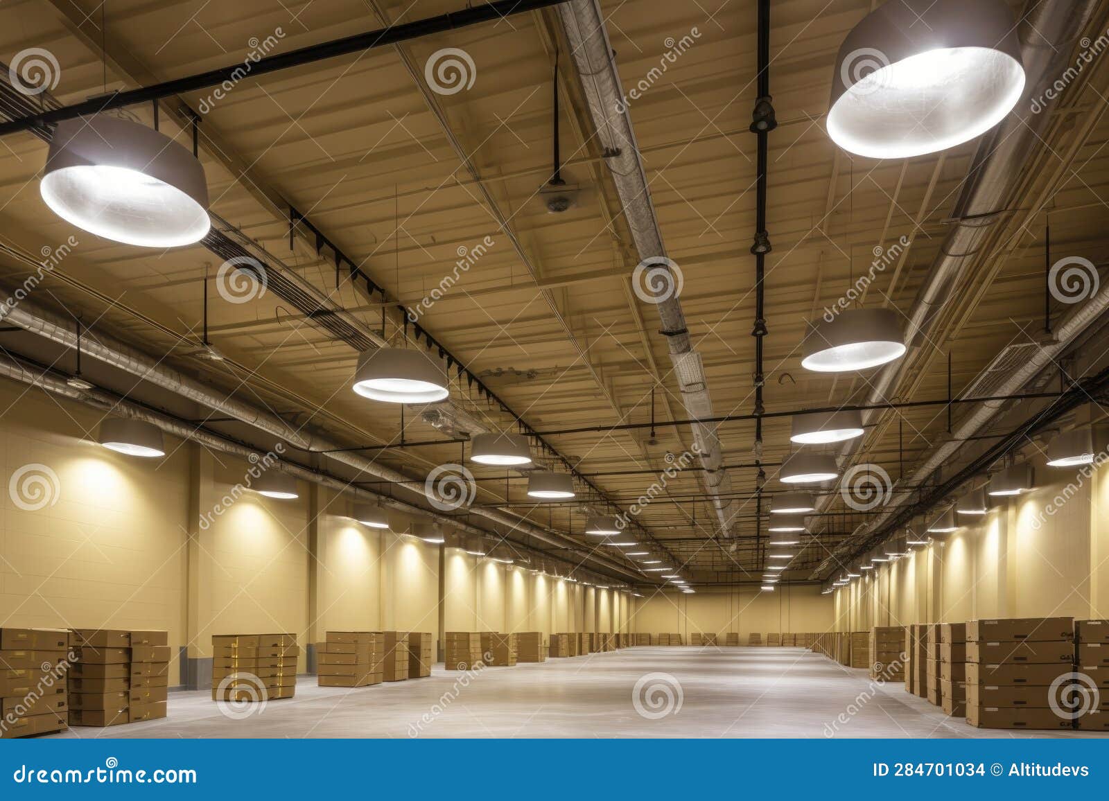 Warehouse Ceiling with Hanging Lamps and Ventilation System Stock ...