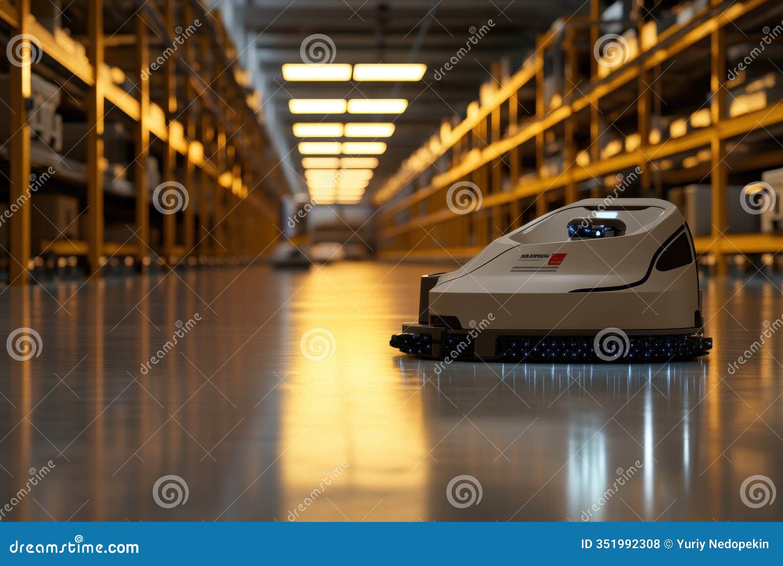 Warehouse Cleaning Automation Technology in Operation during Evening ...