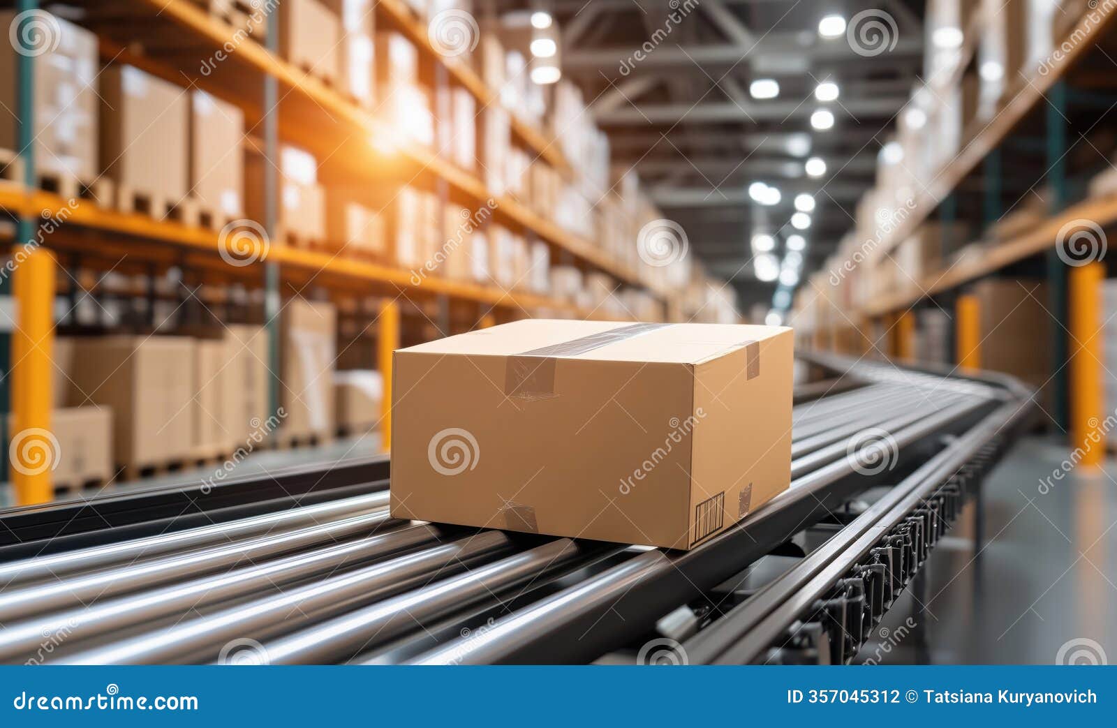 Warehouse With Conveyor Belts, Automated Robots, Workers, Cardboard Boxes, And Pallets. Modern ...