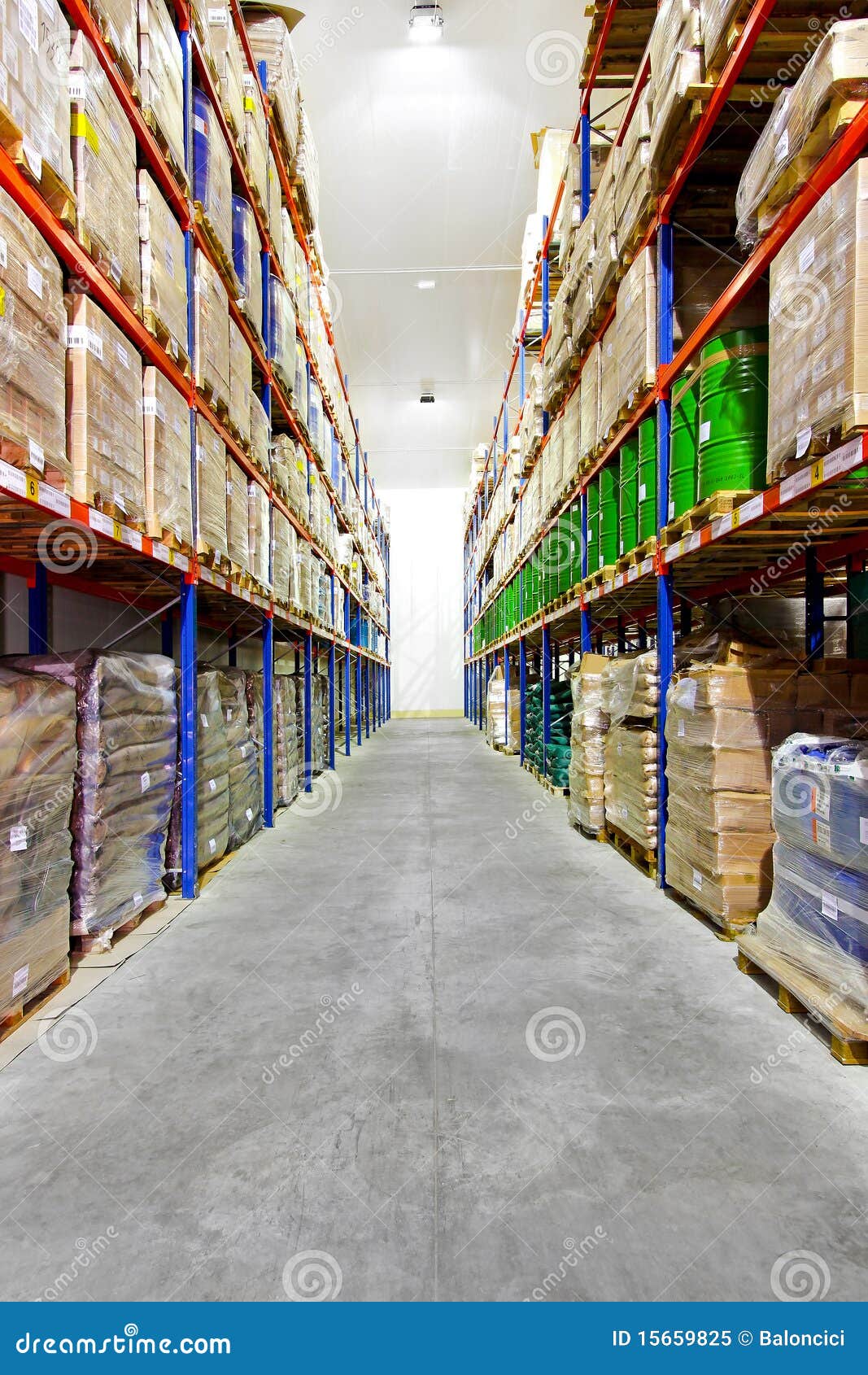 Warehouse corridor stock image. Image of palette, barrels - 15659825