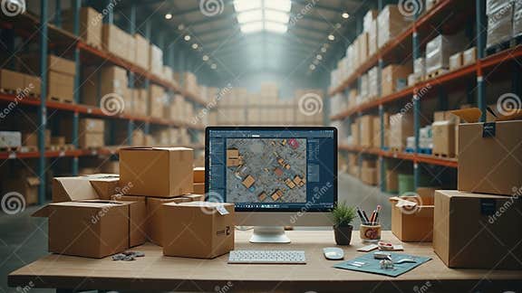 Warehouse Desk with Computer Setup Stock Photo - Image of inventory ...