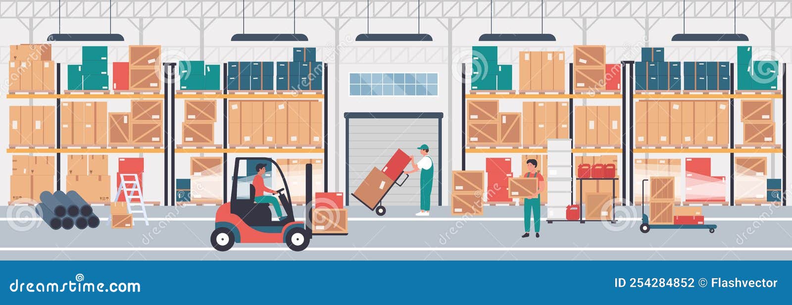 Warehouse Distribution Service and Storage, Workers Carry Cardboard ...