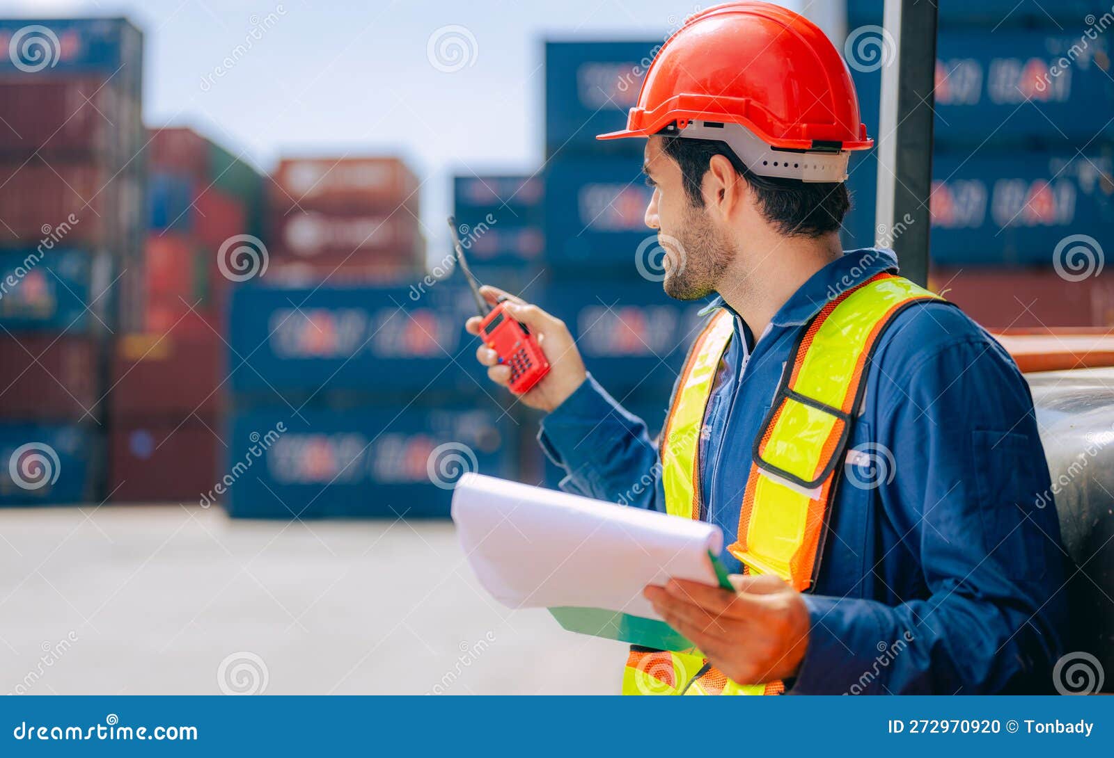 Warehouse Engineer Worker Working at Industrial Container Yard Stock ...