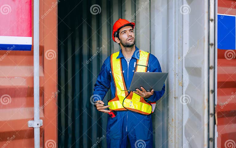 Warehouse Engineer Worker Working at Industrial Container Yard Stock ...