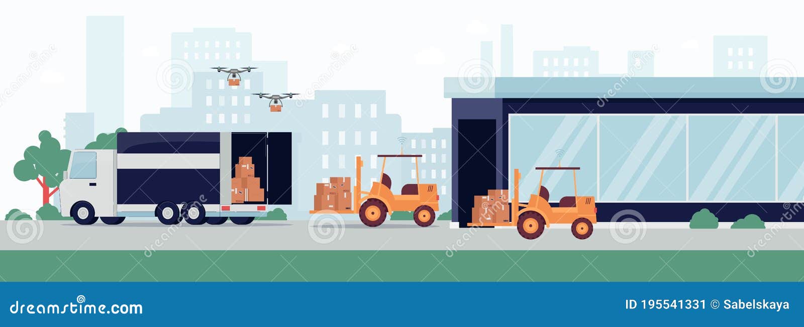 Warehouse with Equipment for Loading and Warehousing Flat Vector ...