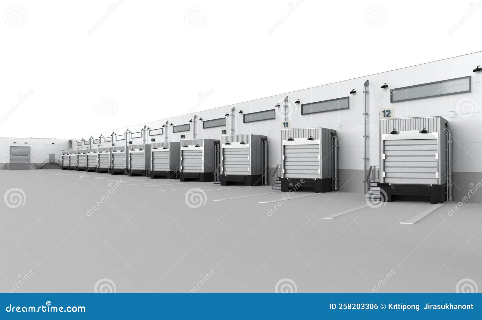 Warehouse Exterior with Shutter Doors and Truck Parking Lots Stock ...