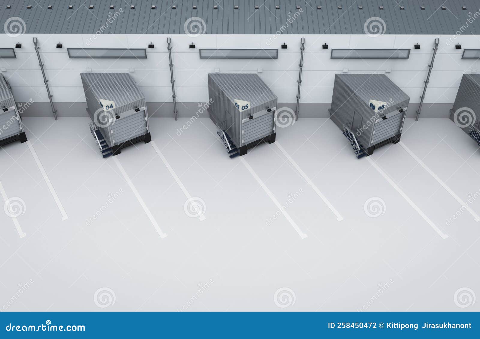 Warehouse Exterior with Shutter Doors and Truck Parking Lots Stock ...