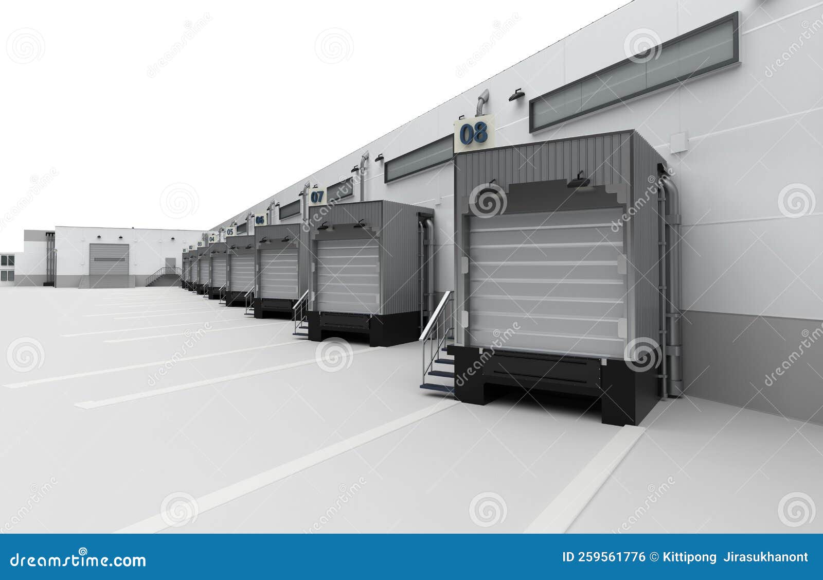 Warehouse Exterior with Shutter Doors and Truck Parking Lots Stock ...