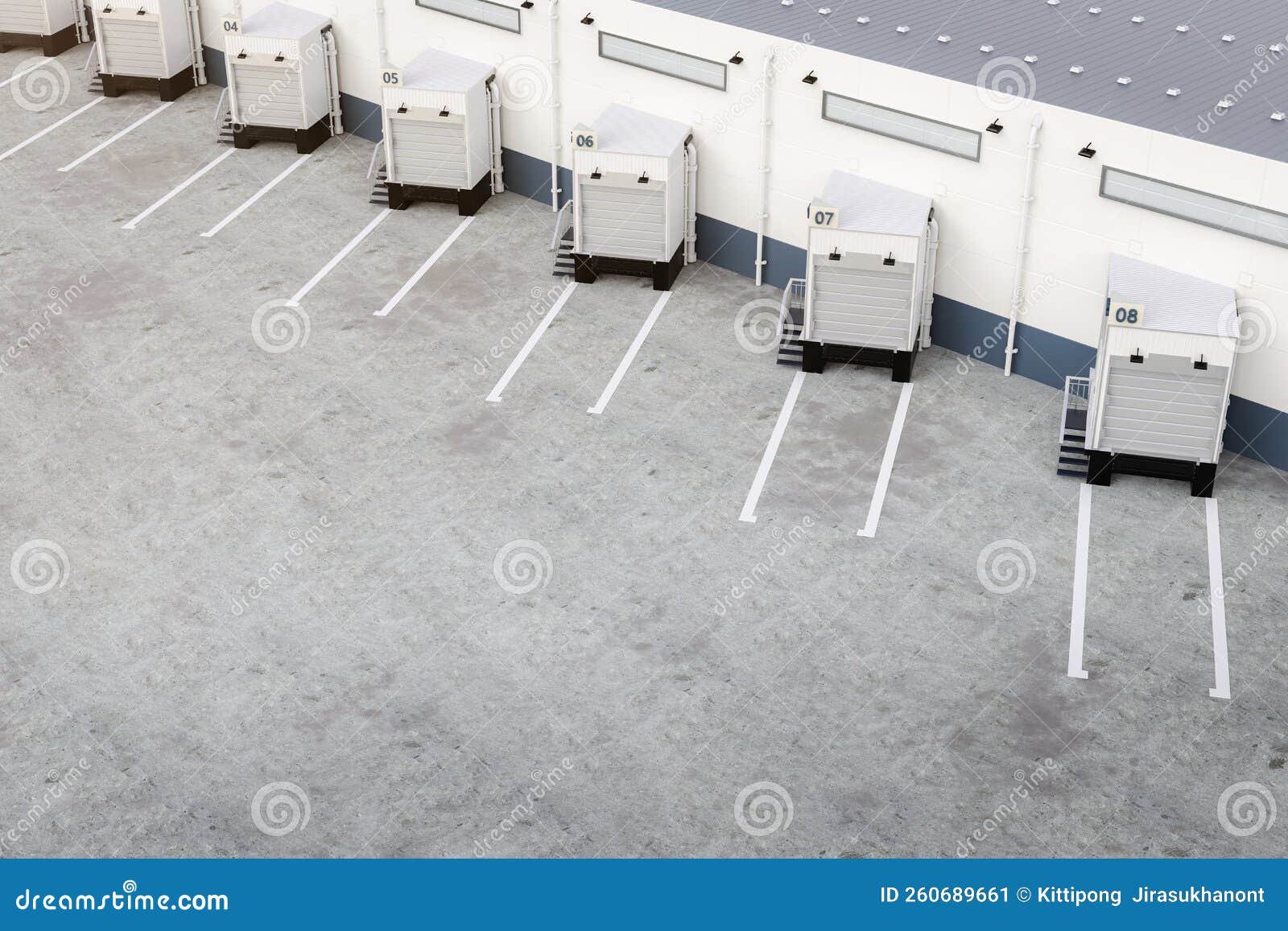 Warehouse Exterior with Shutter Doors and Truck Parking Lots Stock ...