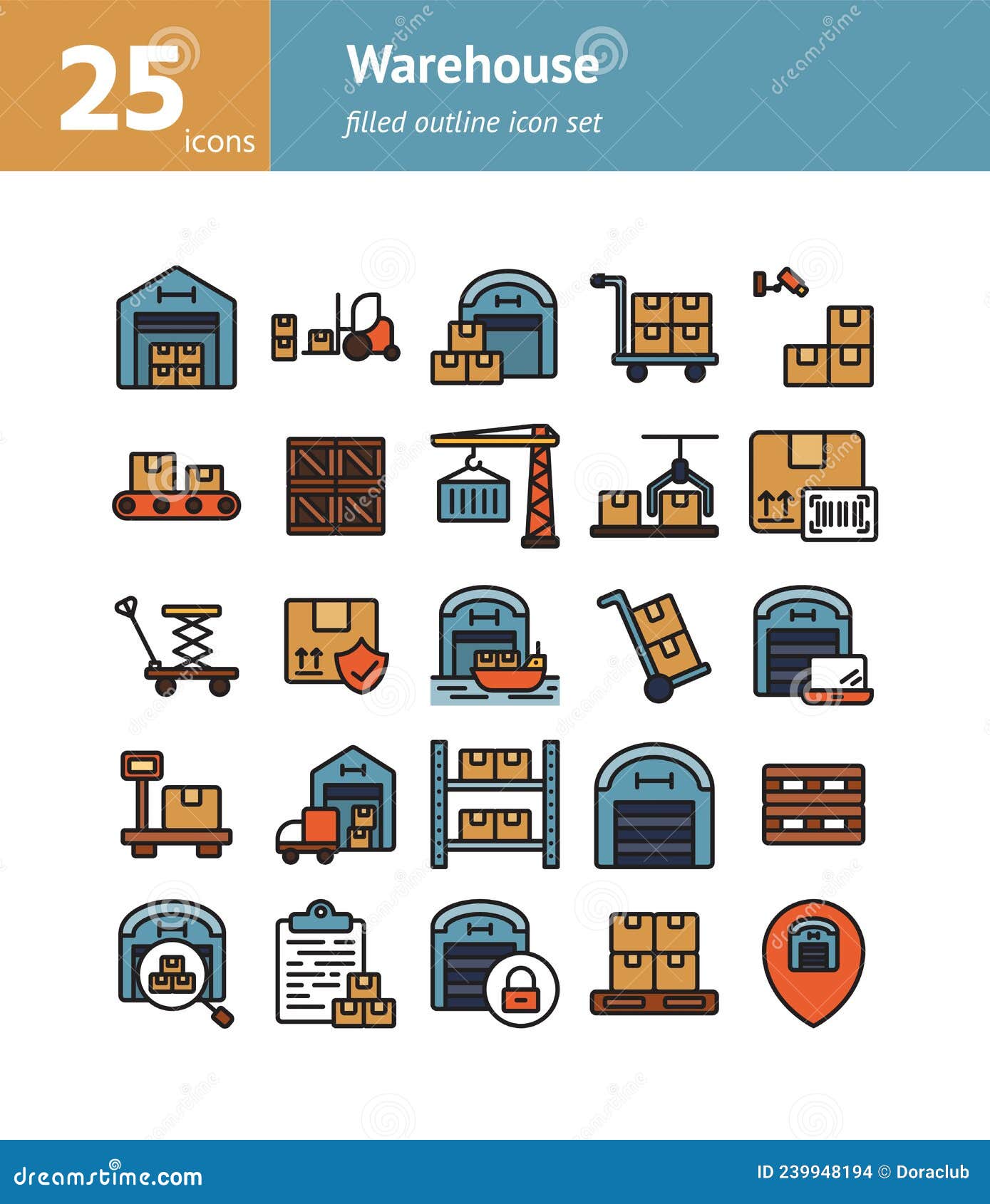 Warehouse Filled Outline Icon Set. Stock Vector - Illustration of ...