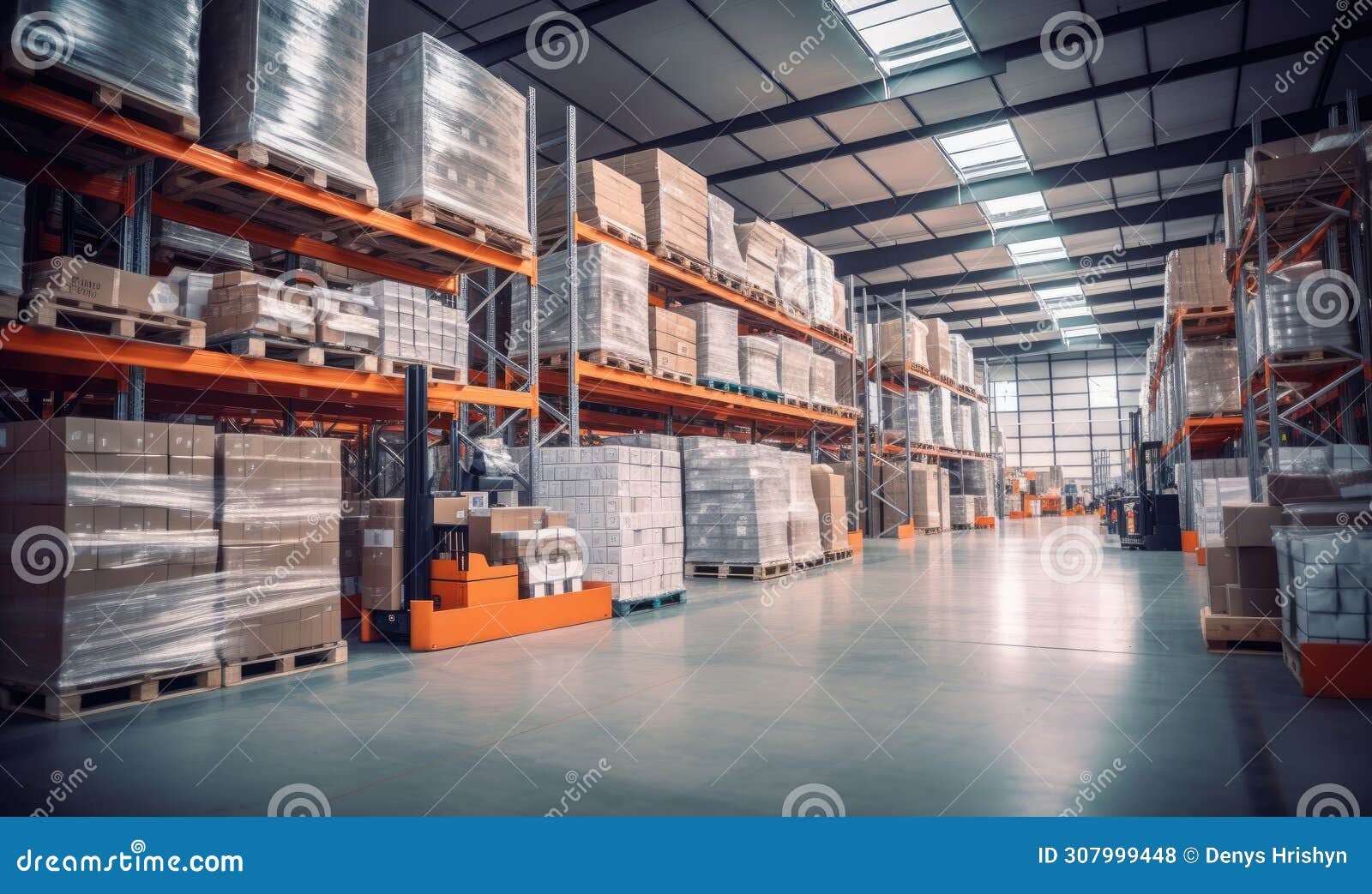 A Warehouse Filled with Stacked Boxes and Pallets Stock Illustration ...