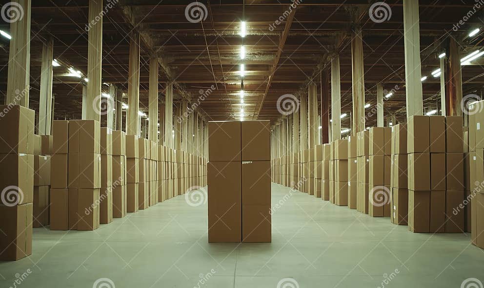 Warehouse Filled with Stacked Cardboard Boxes Creating a Symmetrical ...