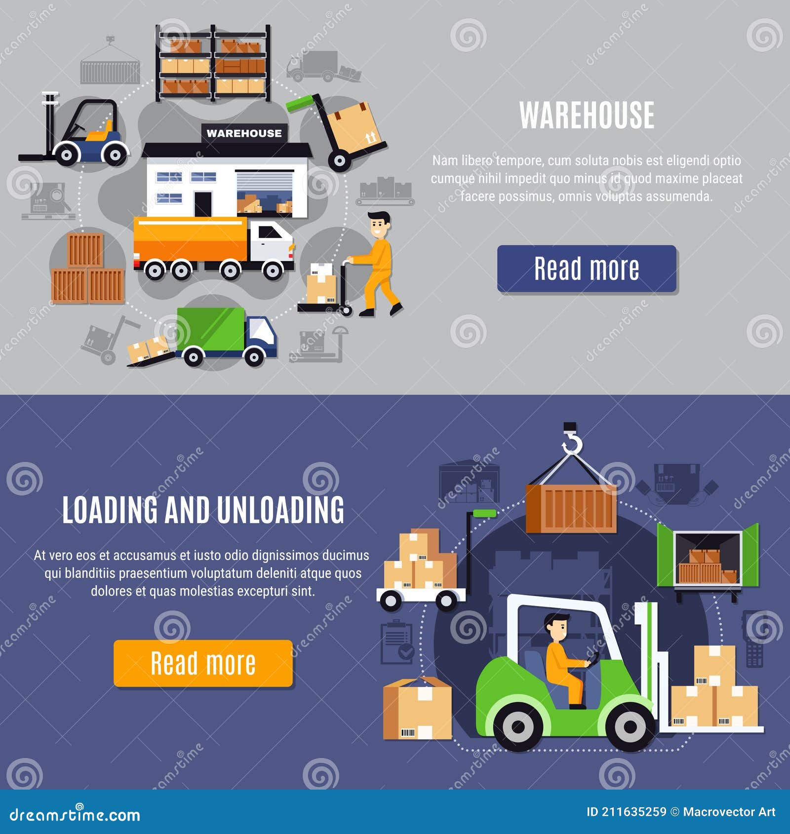 Warehouse Flat Banner Set stock vector. Illustration of cardboard ...