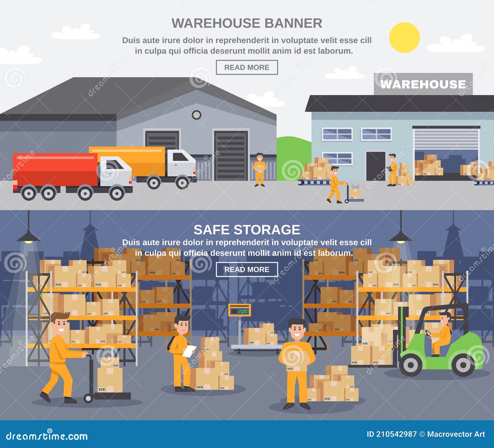 Warehouse Flat Horizontal Banners Stock Vector - Illustration of banner ...