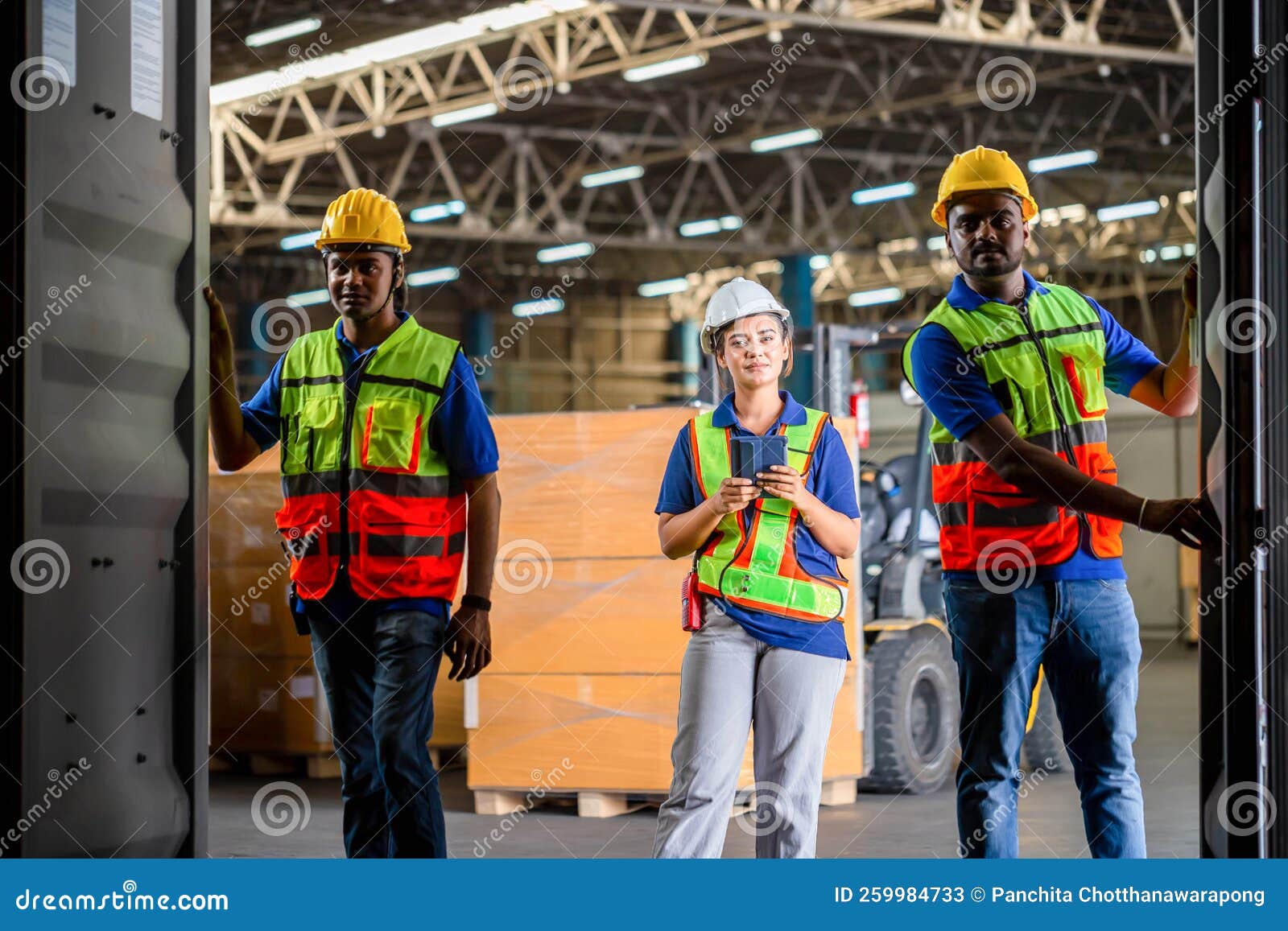 Warehouse Foreman Worker Team Checking Containers in Factory Warehouse ...