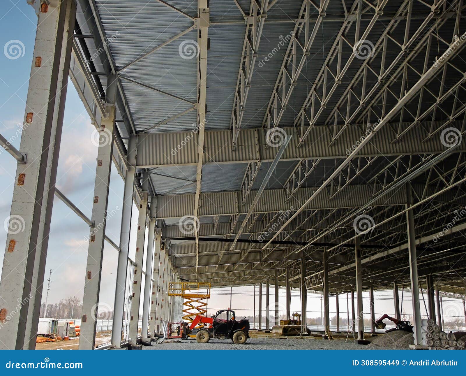 Warehouse with High Columns, Metal Rafter Structures. Construction of a ...