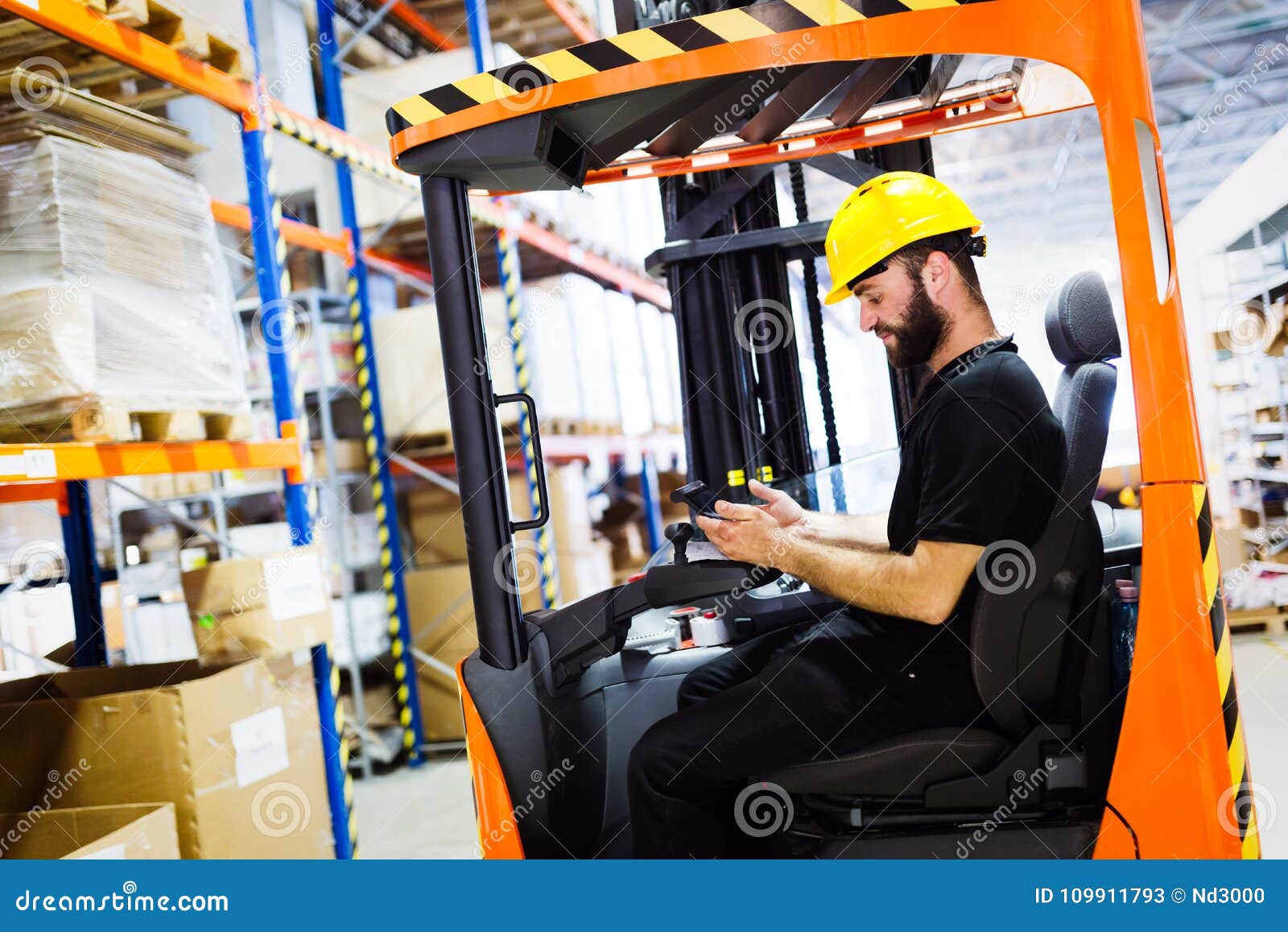 Warehouse Worker Doing Logistics Work with Forklift Loader Stock Image ...