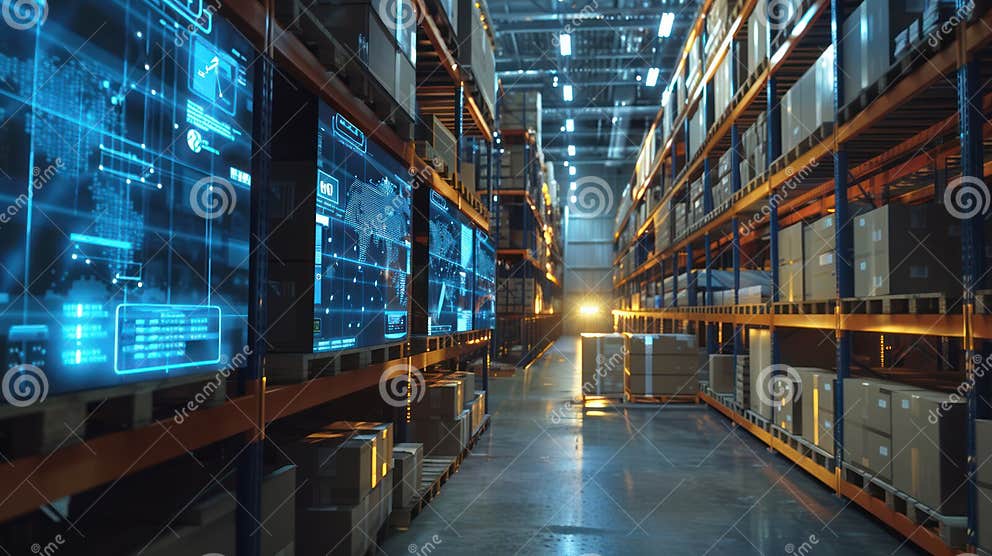 Warehouse with Interconnected Digital Screens and Devices Displaying ...