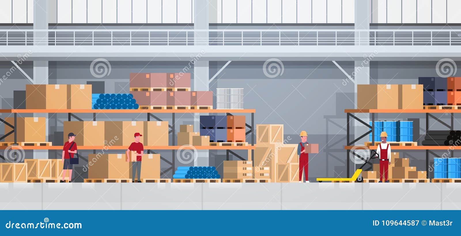 Warehouse Interior Box on Rack and People Working. Logistic Delivery ...