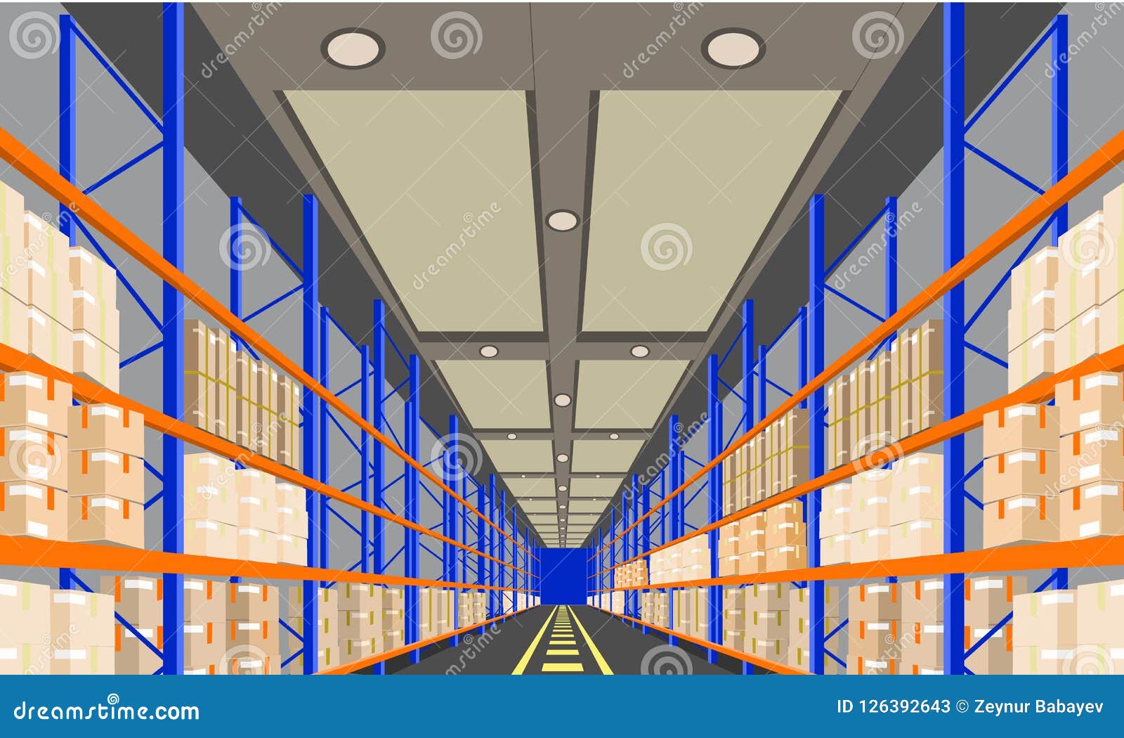 Warehouse Interior with Boxes on Rack Perspective Front Viewpoint ...