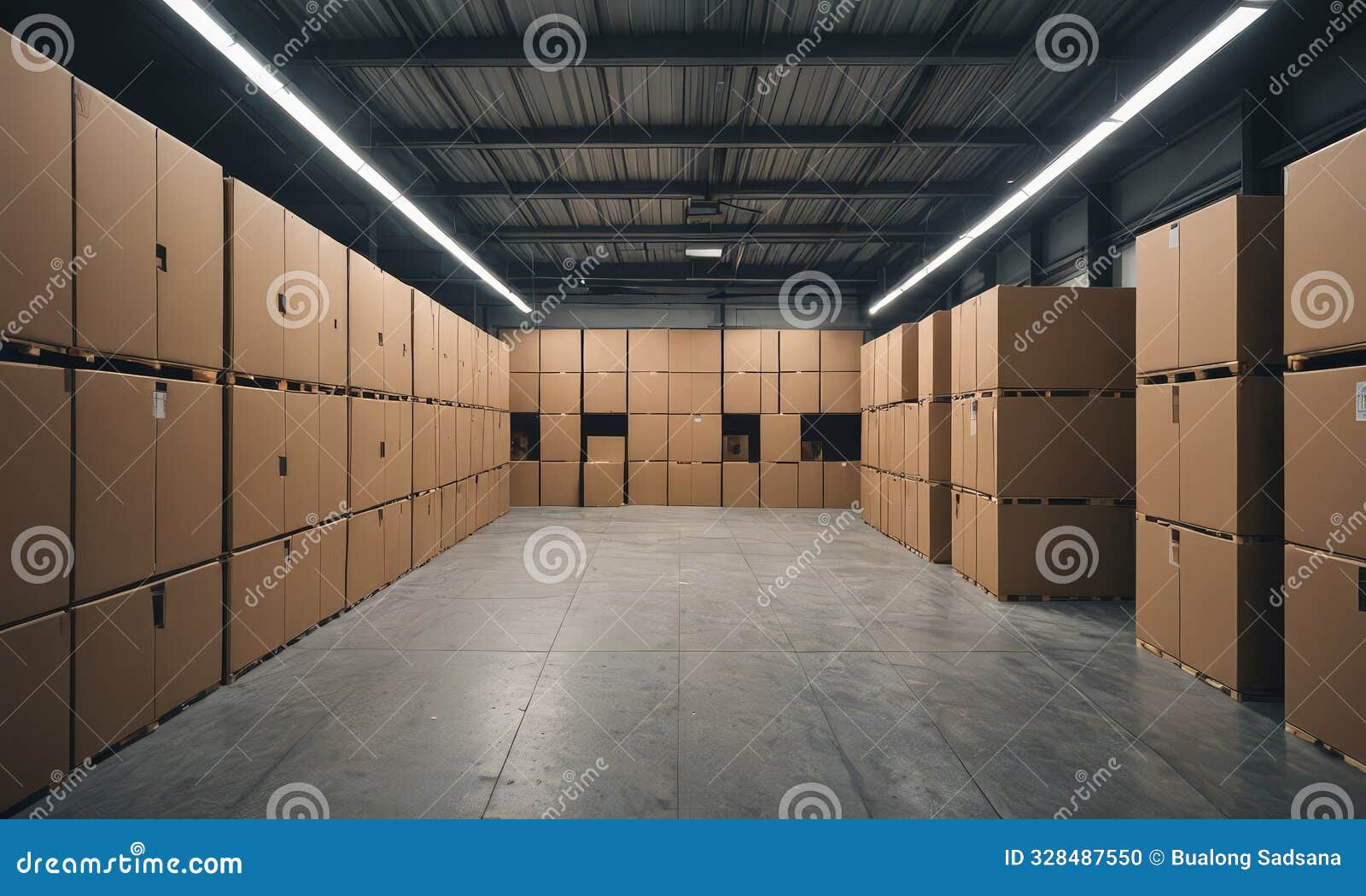 Warehouse Interior Features Rows Cardboard Boxes Stacked High, With ...