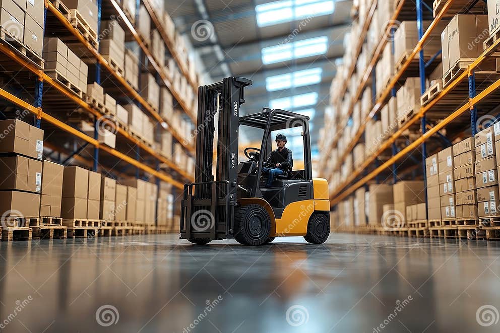 Warehouse Interior with Forklift Moving Boxes among Storage Shelves ...