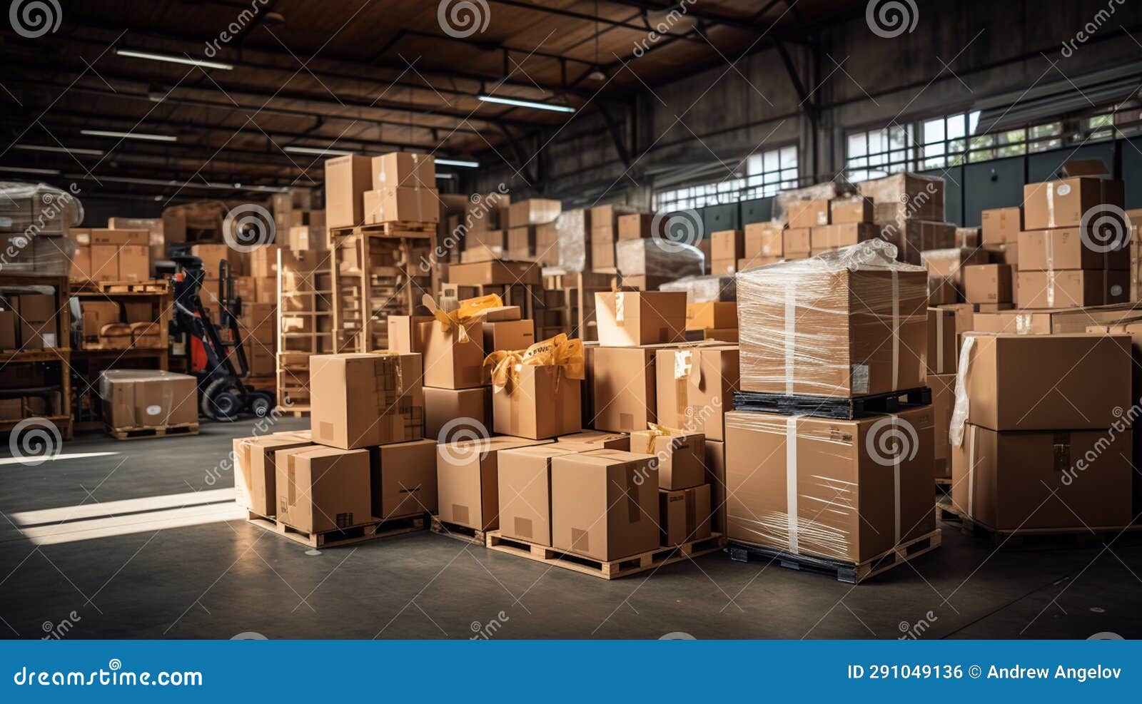 Warehouse Interior with Shelves, Pallets and Boxes Stock Photo - Image ...
