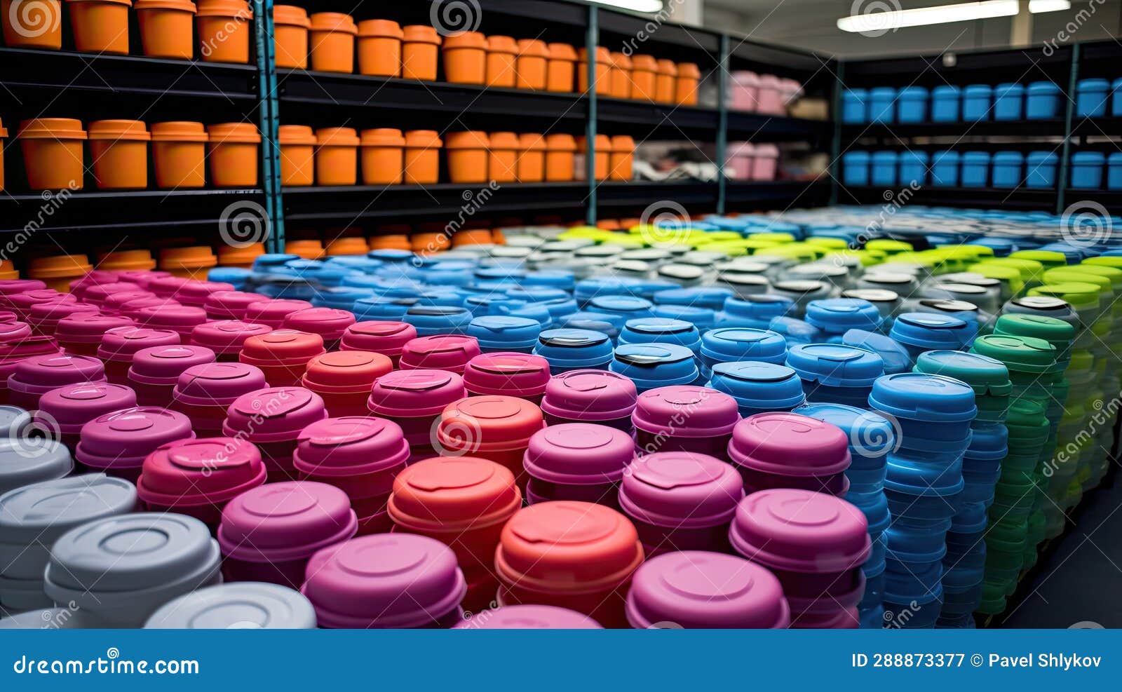 Warehouse Interior with Shelves, Pallets and Boxes. Colored Plastic ...