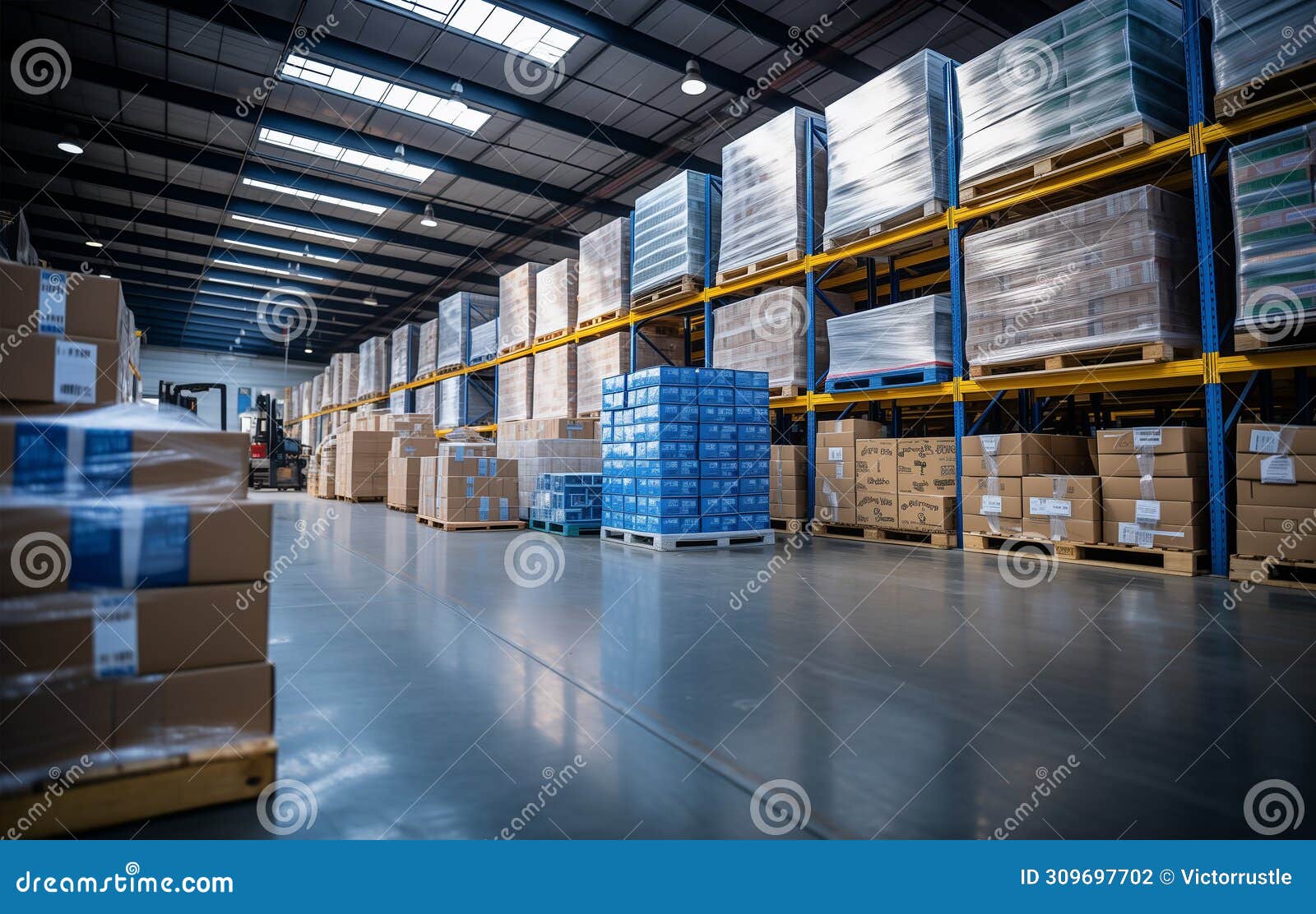 Warehouse Interior with Shelves, Pallets and Boxes Perspective Stock ...