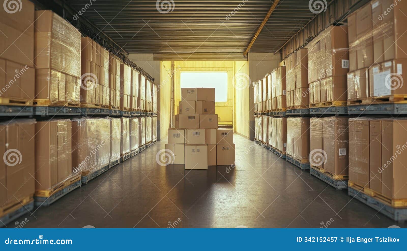 Warehouse Interior, Stacked Cardboard Boxes, Storage Aisle, Organized ...