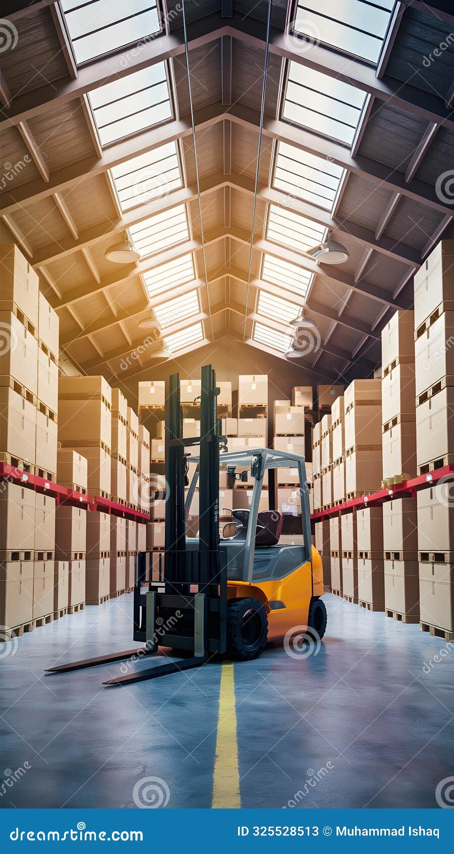 Warehouse Interior with Sunlight, Stacked Boxes, Efficient Logistics ...