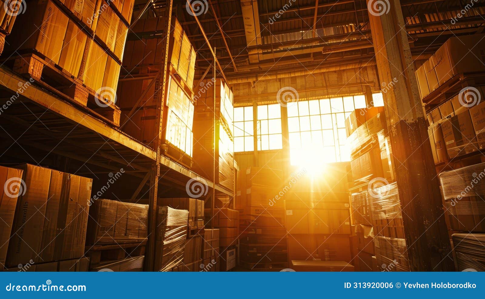 Warehouse Interior at Sunset with Cardboard Boxes on Racks, View Under ...
